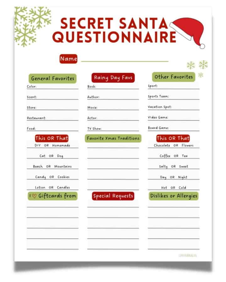 FREE Secret Santa Questionnaire Printable Templates ⋆ Love Our Real Life