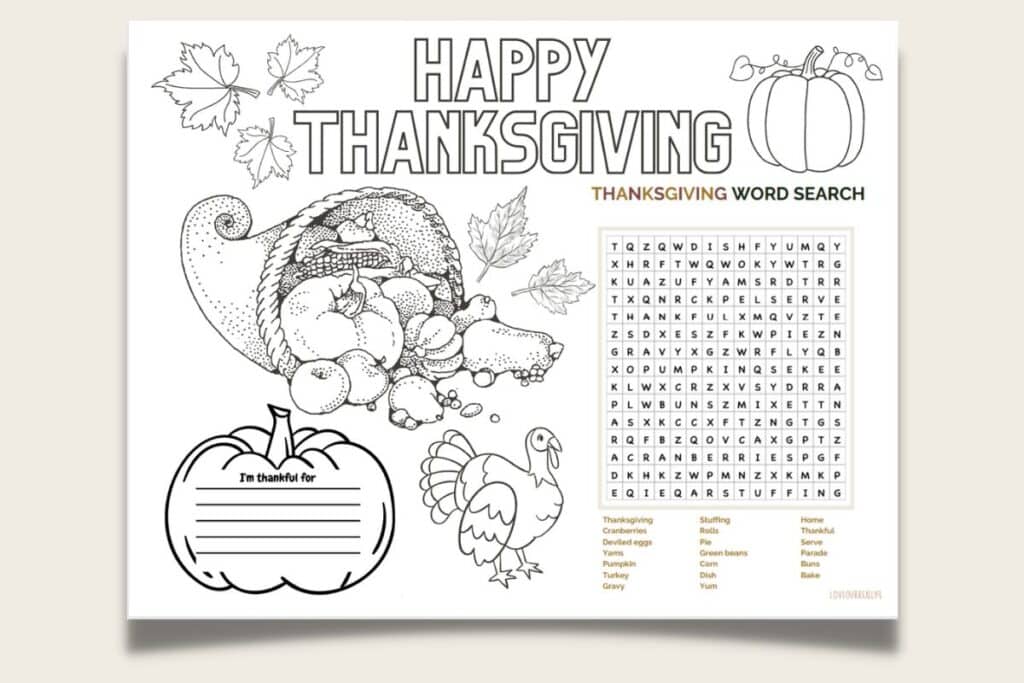 FREE Thanksgiving Printable Placemats (Coloring Page for Kids) ⋆ Love ...